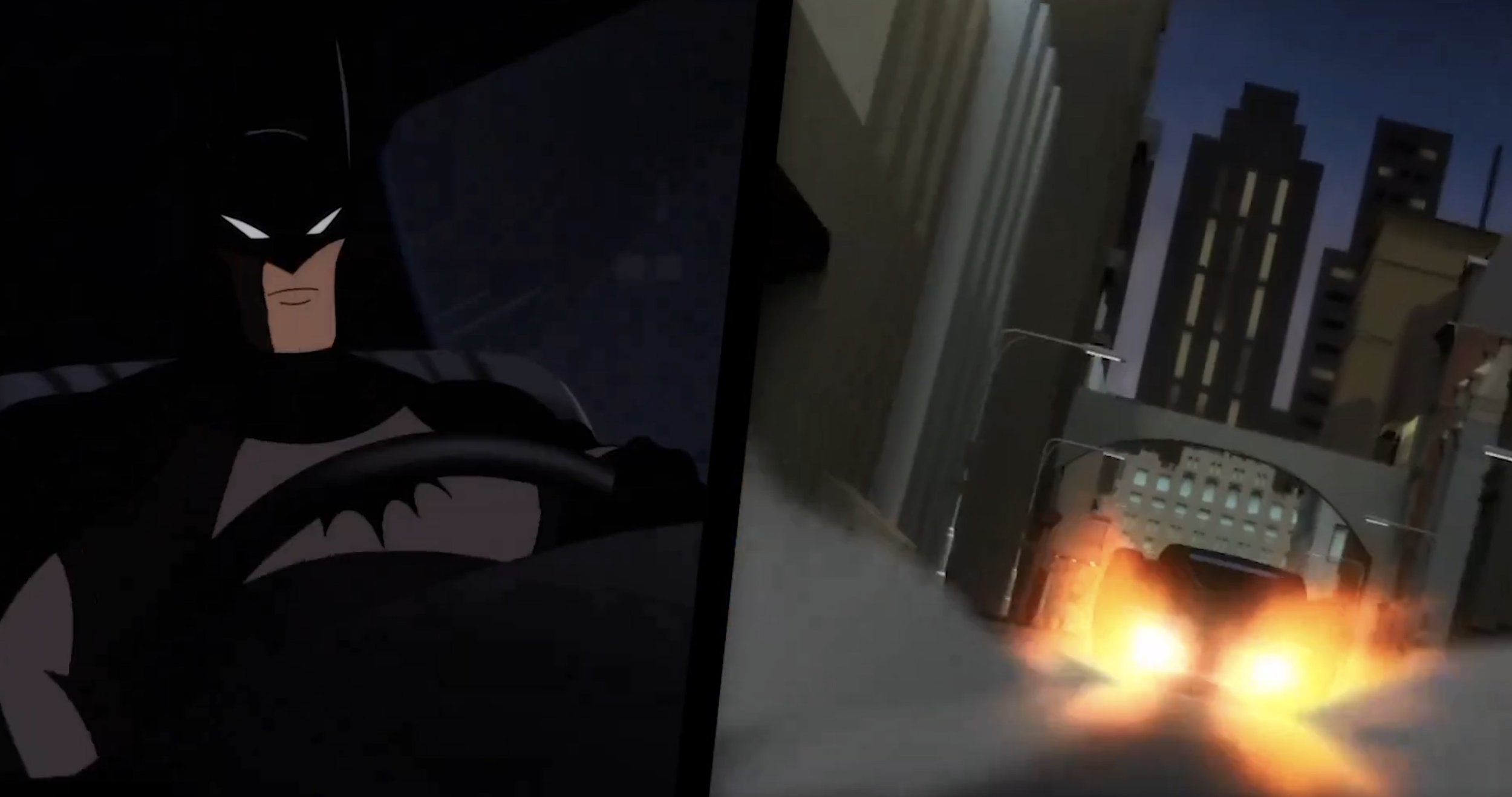 BATMAN: CAPED CRUSADER Clip shows Batman racing through the streets of Gotham in his Batmobile ...